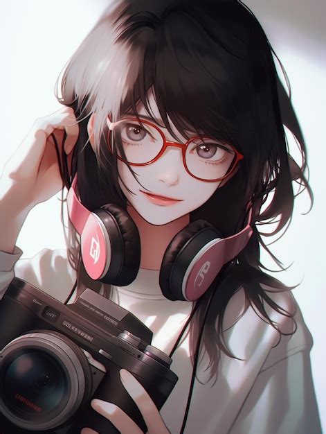 Premium Photo Anime Girl With Headphones Holding A Camera And Wearing Glasses Generative Ai