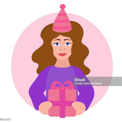 파티 모자를 쓴 생일 여자 선물 상자를 들고 있는 소녀 벡터 플랫 그림 개념에 대한 스톡 벡터 아트 및 기타 이미지 개념 귀여운 기념일 Istock