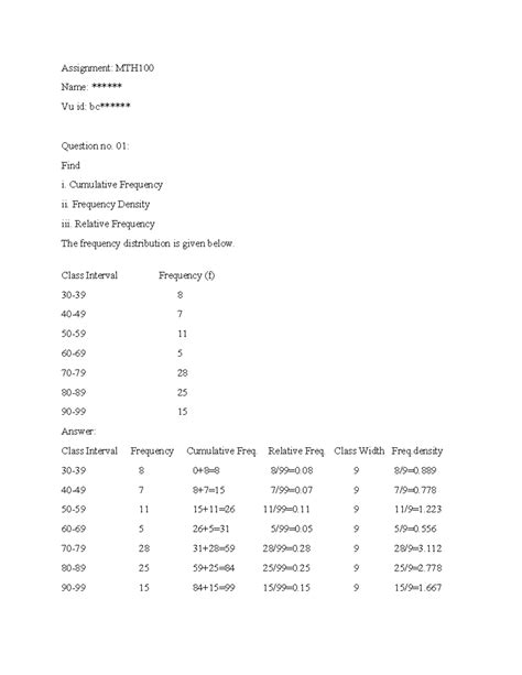 Maths Assignment Format Assignment Mth Name Vu Id Bc