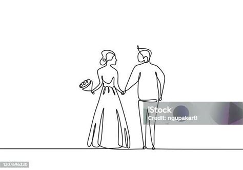 드로잉 라인 신혼 부부의 사전 결혼식을 복용 손을 잡고 로맨틱 한 커플 결혼식 한 줄 단순함에 대한 스톡 벡터 아트 및 기타 이미지 단순함 디자인 로맨스 Istock