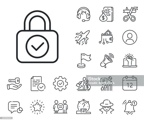 Security Lock Line Icon Cyber Defence Sign Salaryman Gender Equality And Alert Bell Vector Stock