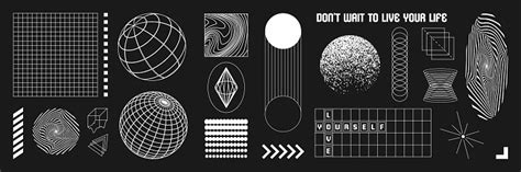 추상적 인 기하학적 모양 또는 트렌디 한 기하학적 모양의 집합은 잔인함에 영감을 불어 넣었습니다 3d 와이어프레임 모델이 있는 플랫 벡터 일러스트레이션 개념 환각적인 테크노