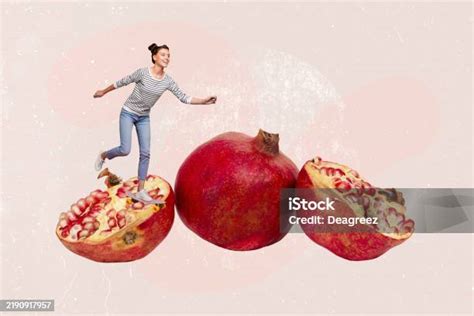 서식 파일 스케치 트렌드 삽화 사진 콜라주 식도락가 영양 요리사 배고픈 칼로리 미니어처 젊은 여자 산책 석류 과일 맛있는 20 24세에 대한 스톡 사진 및 기타 이미지