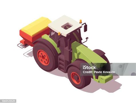 농업 장비 세트와 등대 트랙터 흰색 백그로웅에 붉은 비료 스프레더가있는 고립 된 낮은 폴리 녹색 트랙터 벡터 일러스트레이터 수집
