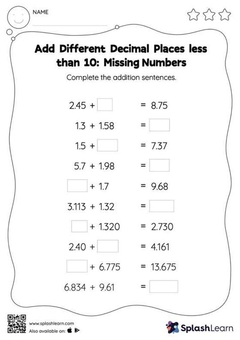 Add Different Decimal Places Less Than 10 Missing Numbers Math