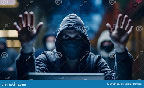 Computer Hacker Male Thief Stealing Data From Computer Stock