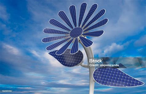 흰색 꽃잎 잎 푸른 하늘 배경의 긴 줄기가있는 꽃 모양의 태양 전지 패널을 닫습니다 3d 일러스트레이션 꽃 식물에 대한 스톡 사진 및 기타 이미지 Istock