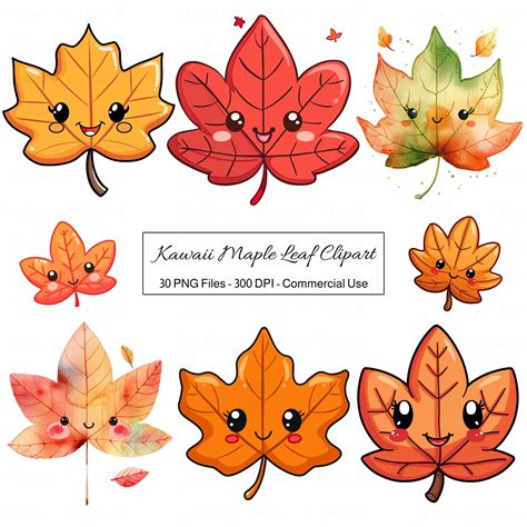 Kawaii Maple Leaf Clipart Cute Cartoon Happy Smiling Fall Autumn Faces
