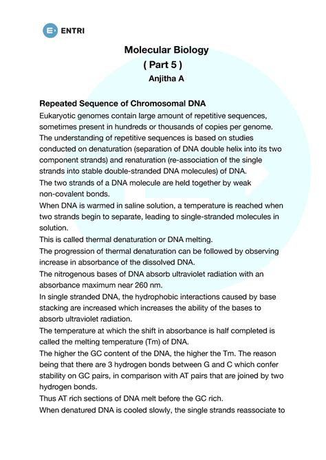 Repeated Sequence Of Chromosomal Dna Molecular Biology Part 5 Anjitha A Repeated Sequence