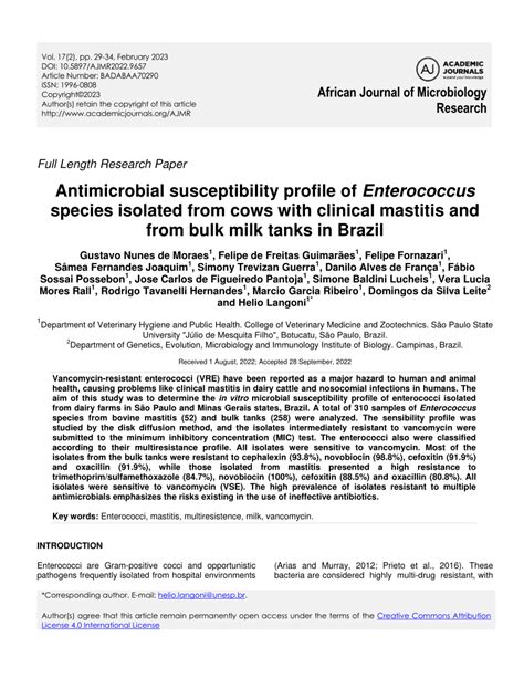 Pdf Antimicrobial Susceptibility Profile Of Enterococcus Species Isolated From Cows With