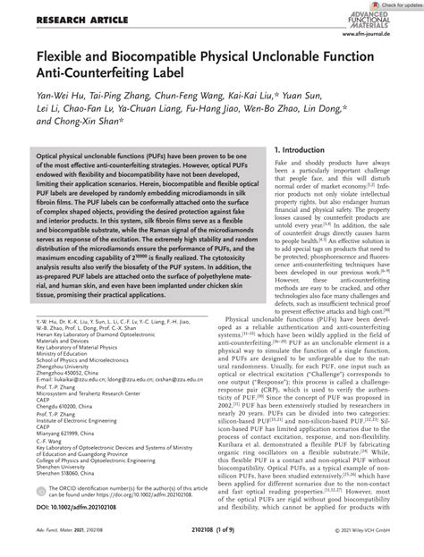 Pdf Flexible And Biocompatible Physical Unclonable Function Anti‐counterfeiting Label