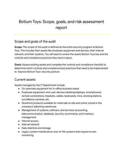 Botium Toys Scope Goals And Risk Assessment Report Pdf