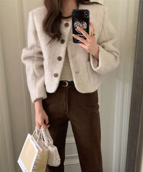 파격세일한정수량 하객룩 U넥 트위드 버튼 노카라 크롭 자켓 에이블리