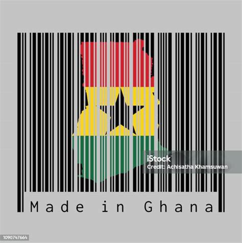 바코드 회색 배경으로 검은 바코드에가 나 지도 개요 및가 나 국기의 색상에 모양을 설정합니다 가격에 대한 스톡 벡터 아트 및 기타 이미지 Istock