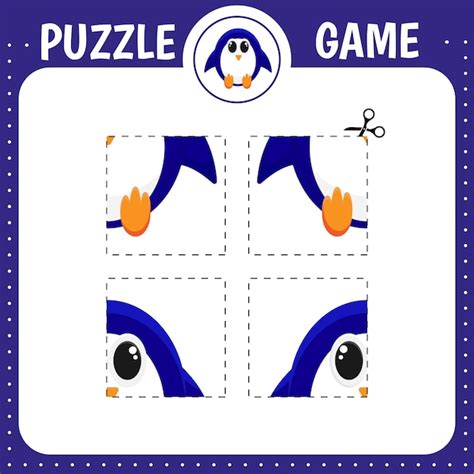 아이들을 위한 퍼즐 게임 교육 개발 워크시트 자르기 연습 활동 페이지만화 캐릭터 펭귄 프리미엄 벡터