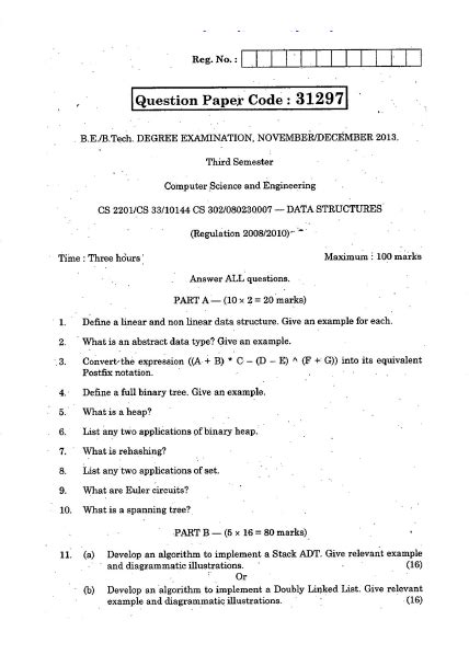 CS Data Structures Nov Dec Question Paper University Question Papers