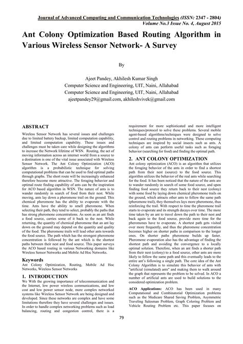 Ant Colony Optimization Based Routing Algorithm In Various Wireless Sensor Network A Survey Pdf