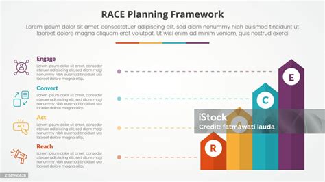 Race 프레임 워크 인포 그래픽 개념 슬라이드 프리젠 테이션에 대한 수직 직사각형 화살표와 선 설명 플랫 스타일의 4 포인트
