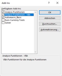 VBA Analyse Funktionen In VBA Verwenden Automate Excel