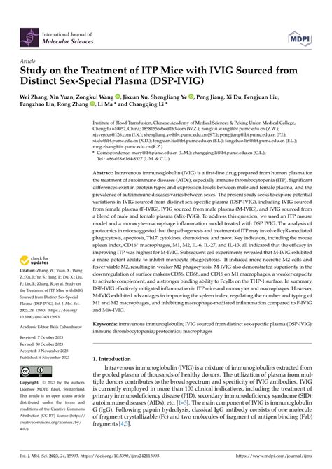 Pdf Study On The Treatment Of Itp Mice With Ivig Sourced From Distinct Sex Special Plasma Dsp