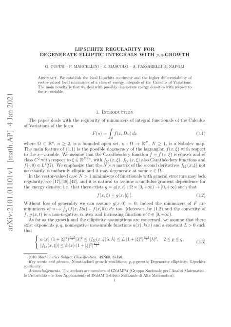 Pdf Lipschitz Regularity For Degenerate Elliptic Integrals With P Q Growth