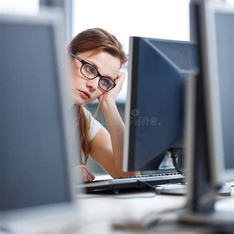 Pretty Female Babe Looking At A Desktop Computer Screen Stock Photo Image Of Desktop