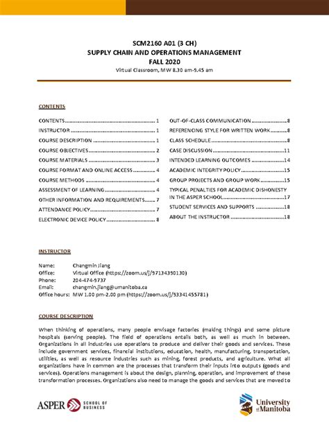 SCM Course Outline SCM A CH SUPPLY CHAIN AND OPERATIONS MANAGEMENT FALL