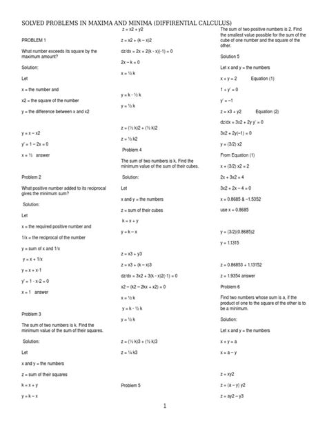 Solved Problems In Maxima And Minima Diffirential Calculus Pdf Area Maxima And Minima