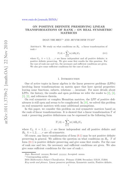 Pdf On Positive Definite Preserving Linear Transformations Of Rank R On Real Symmetric Matrices