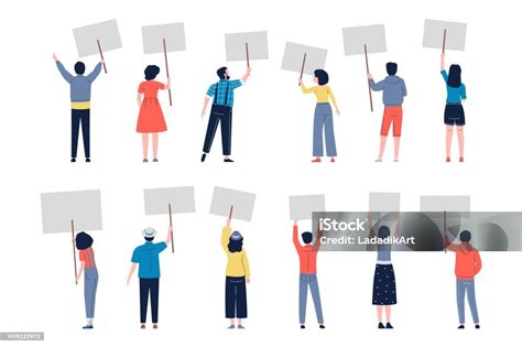 플래카드를 든 시위 캐릭터들이 피켓에 등을 대고 서 있다 젊은 운동 활동가들이 배너를 들고 군중의 최근 벡터 세트를 시연합니다