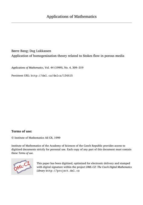 Pdf Application Of Homogenization Theory Related To Stokes Flow In Porous Media