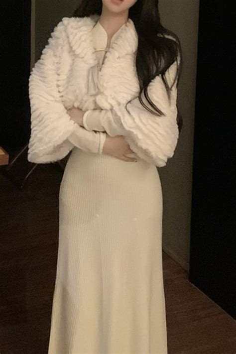 Set 화이트 긴팔 숏 자켓 치파오 긴팔 슬리밍 피쉬 테일 롱 니트 원피스 투피스 세트체크 숄 포함