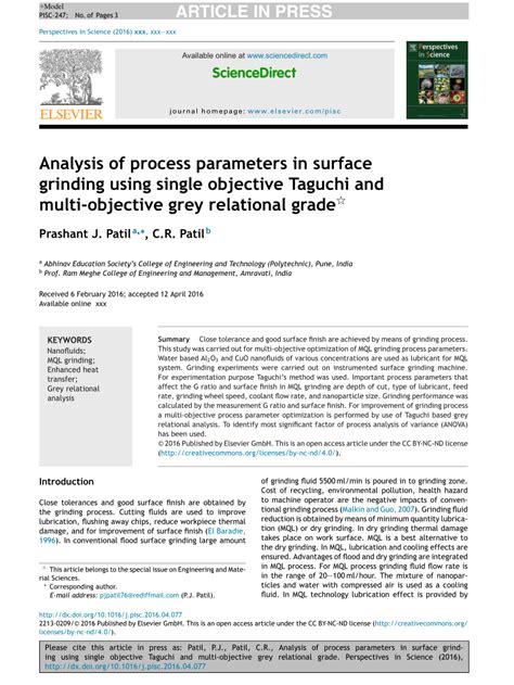 pdf analysis of process parameters in surface grinding using single