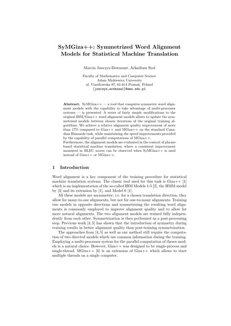 Pdf Symgiza Symmetrized Word Alignment Models For Statistical Machine Translation [