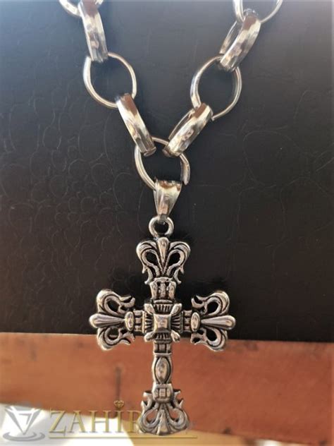 Изящна изработка гравиран стоманен кръст 5 на 3 см на масивен ланец в 4 размера широк 0 9 см