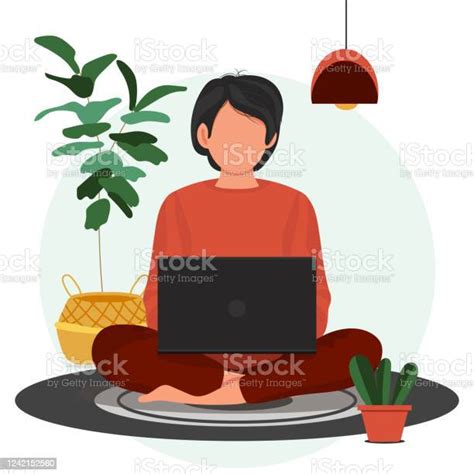 노트북과 함께 앉아 여자 프리랜서 취업 교육 또는 공부를위한 개념 그림 집에서 일합니다 프리랜서 노동자의 일상 생활 일상 생활 만화 플랫 벡터 스톡 일러스트레이션입니다