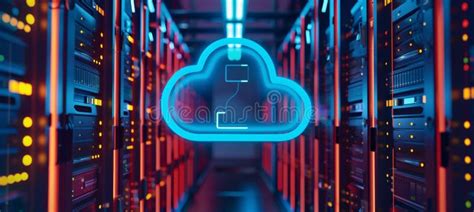 cloud computing data center with neon lights servers and cloud symbol