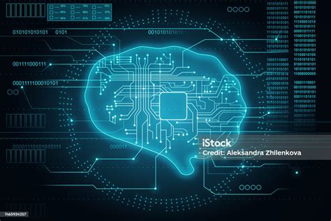 추상적인 어두운 기술 배경에 디지털 그래픽 두뇌의 회로로 둘러싸인 Ai 칩셋을 사용한 미래 인공 지능 및 정보 분석 개념 3d 렌더링 0명에 대한 스톡 사진 및 기타 이미지