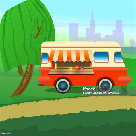 센트럴 파크에서 카페에 대 한 우산으로 길거리 음식 트럭 패스트 푸드의 납품입니다 벡터 일러스트 레이 션 2018년에 대한 스톡 벡터 아트 및 기타 이미지 Istock