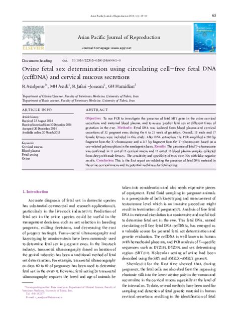 Pdf Ovine Fetal Sex Determination Using Circulating Cell Free Fetal Dna Ccffdna And Cervical