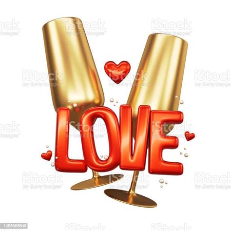 샴페인 안경 아이콘입니다 비문 사랑이 있는 골드 와인 잔 샴페인 잔 2개 발렌타인 빨간 글자 사랑 하트 3d 렌더링 3d 그림입니다 0명에 대한 스톡 사진 및 기타 이미지