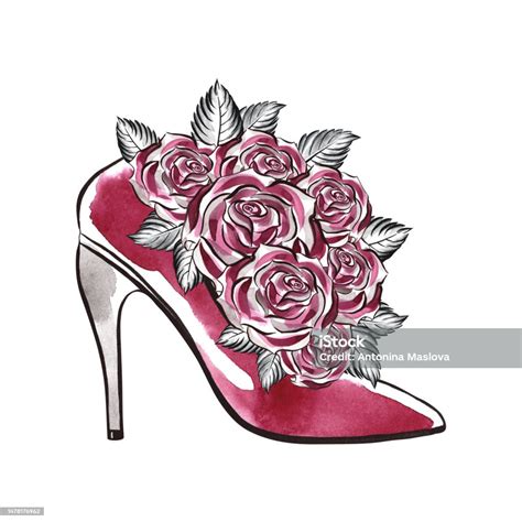 장미 꽃다발 꽃은 여성의 굽 신발에 보라색 활로 묶여 있습니다 손 수채화 흰색 배경에 격리된 배경 인사말 및 초대장 라벨 및 포장용 0명에 대한 스톡 벡터 아트 및 기타