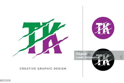 녹색 보라색 스크래치 Tk 편지 템플릿 로고 디자인 원 아이콘 갈고리 발톱에 대한 스톡 벡터 아트 및 기타 이미지 갈고리