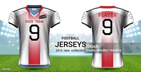 미식 축구 또는 축구 유니폼 유니폼 현실적인 그래픽 프레 젠 테이 션 이랑 서식 파일 아트 워크 텍스트 이미지 로고를 적용할 쉬운 가능성에 대 한 전면 및 후면 보기를