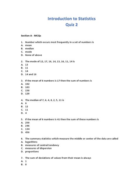 Introduction To Statistics Quiz 2 Section A Mcqs Pdf Mode Statistics Mean