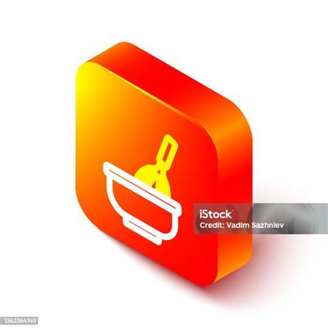 흰색 배경에 고립 된 그릇 아이콘으로 동면 라인 부엌 거품기 조리 기구 계란 비터 칼 붙이 기호 음식 믹스 기호 주황색 정사각형 버튼 벡터 3차원 형태에 대한 스톡 벡터