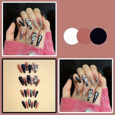 손톱에 Y2k 긴 관 프레스 가짜 손톱 손톱에 광택 접착제 검은 불꽃 아크릴 손톱 고스 인공 손톱 Temu Korea