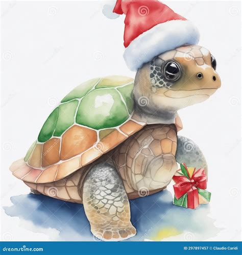 Cute Christmas Turtle Wearing A Santa Hat Merry Christmas Stock