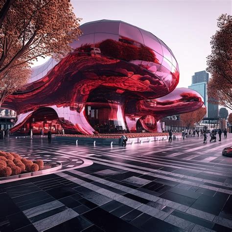 Premium Ai Image A Large Glass Building With A Large Red Leafy Design