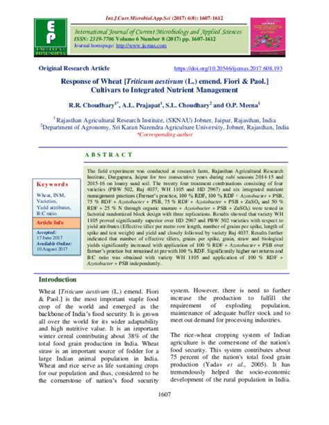 Pdf Response Of Wheat Triticum Aestivum L Emend Fiori And Paol